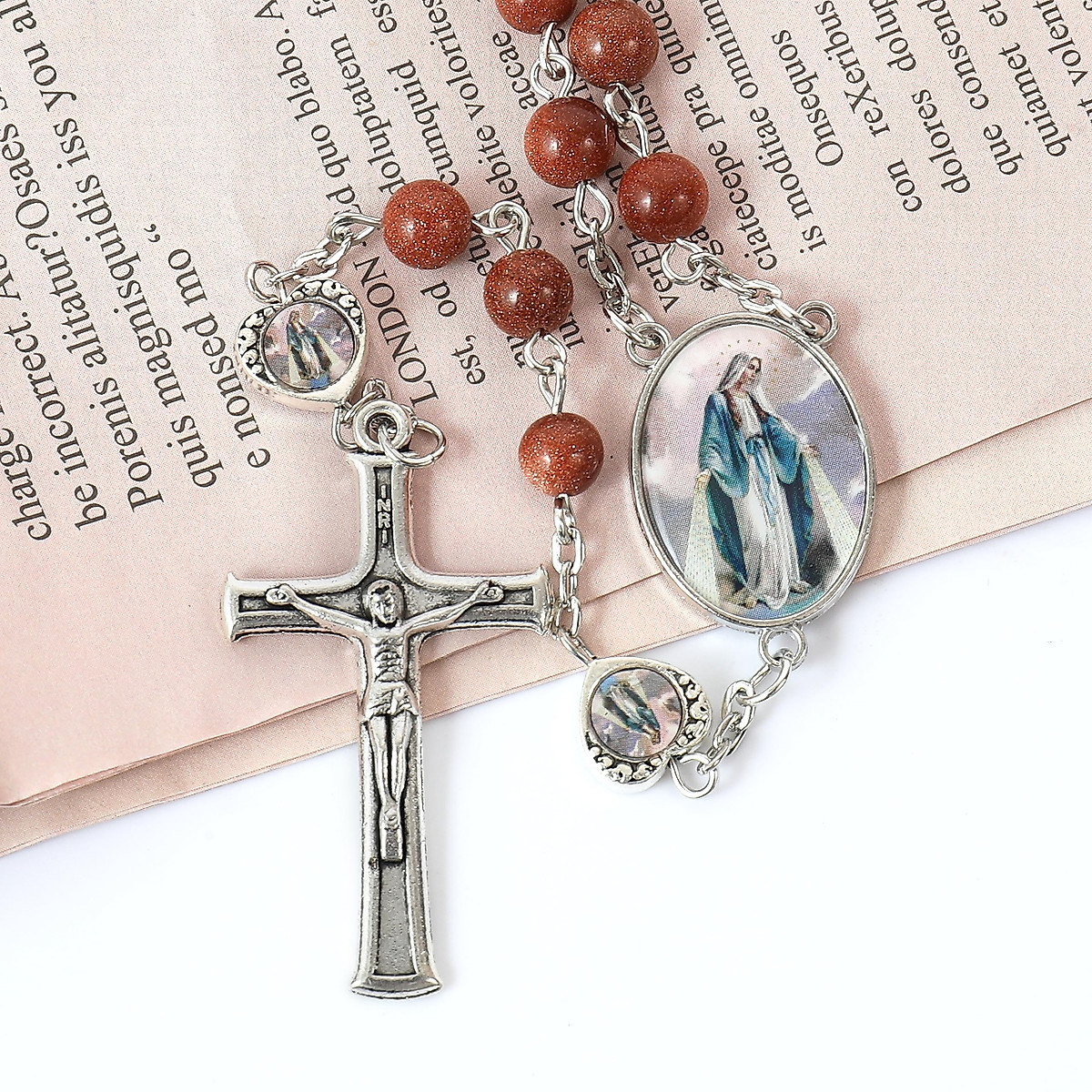 Nazareth Store Natural Goldstone Beads with Miraculous Epoxy Heart Metal Beads Rosary Necklace Gemstone Christian Gifts