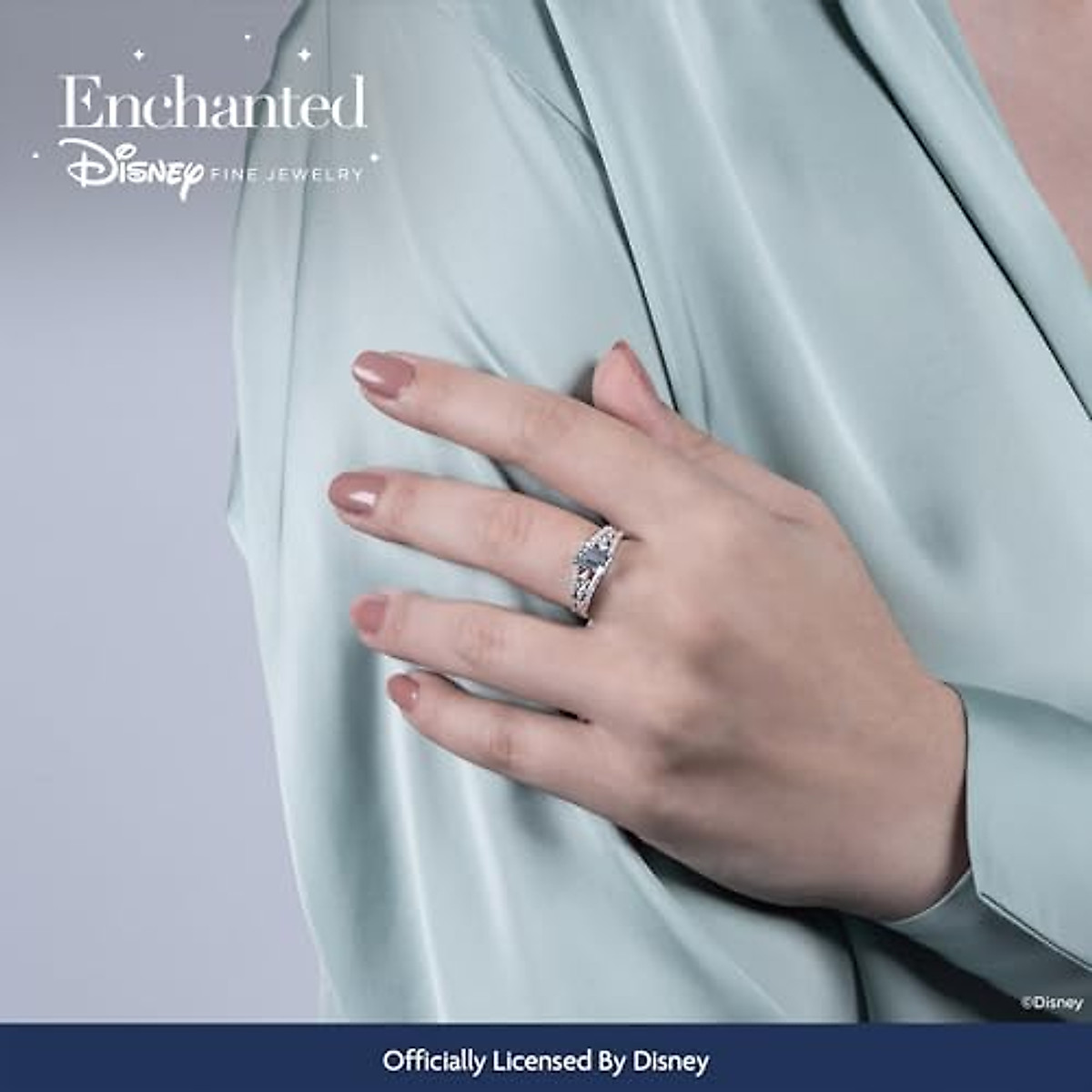 Jewelili Enchanted Disney Fine Jewelry Sterling Silver with 1/4 cttw Diamond and Aquamarine Elsa Ring, Size 7