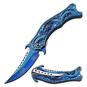 Dark Side Ballistics Spring Assisted Knife, DS-A019BL-MC, 3CR13 Stainless Steel, Blue TiNite Coated, Dragon Theme, Pocket Clip, EDC, Fantasy, Collectible