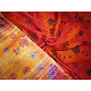 100% Silk Dupion Fabric Redish Orange with Black Floral Print 40" SLUBS DupPr41[1]