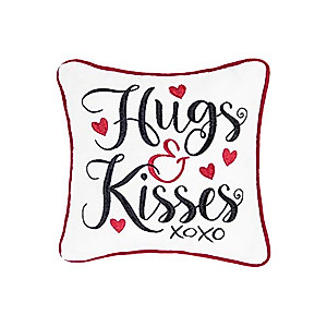 C&F Home Hugs & Kisses Embroidered Throw Pillow Red 10" X 10" Valentines Soft Woven Pillow with Filling for Couch Sofa Bed Chair Cotton Decor Decoration 10 x 10 Red