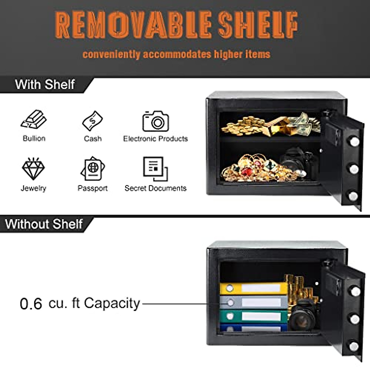 WASJOYE Cabinet Security Safe Box, Fireproof Home Lock Safe with Digital Keypad Safety Key Lock for Home Business Office Hotel Money Document Jewelry Passport Storage 13.78 x 9.84 x 9.84 inches