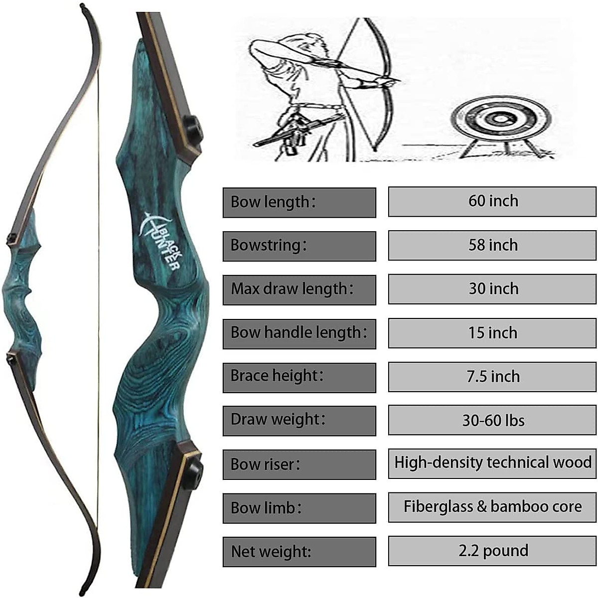 Vogbel 60" Archery Bow and Arrows Set for Adults Black Hunter Takedown Recurve Bow Survival Bow Hunting Longbow Bamboo Core Limbs for Right Handed Shooters Target Shooting Practice(60LB)