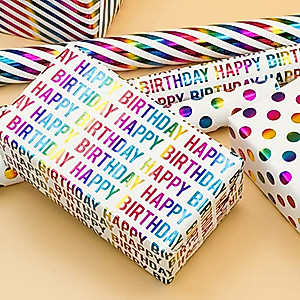 LDGOOAEL Mini Short Birthday Wrapping Paper Roll - 17" X 120" Per Roll - Colorful Foil with Stripes, Dots & Happy Birthday Lettering Gift Wrapping Paper for Holiday, Birthday, Wedding, Baby Shower