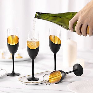 MyGift Modern Stemmed Champagne Flute Glass Set of 4 with Black and Gold Plated Design, Bachelorette Toasting Glasses Party and Wedding Wine Glass, 8 oz