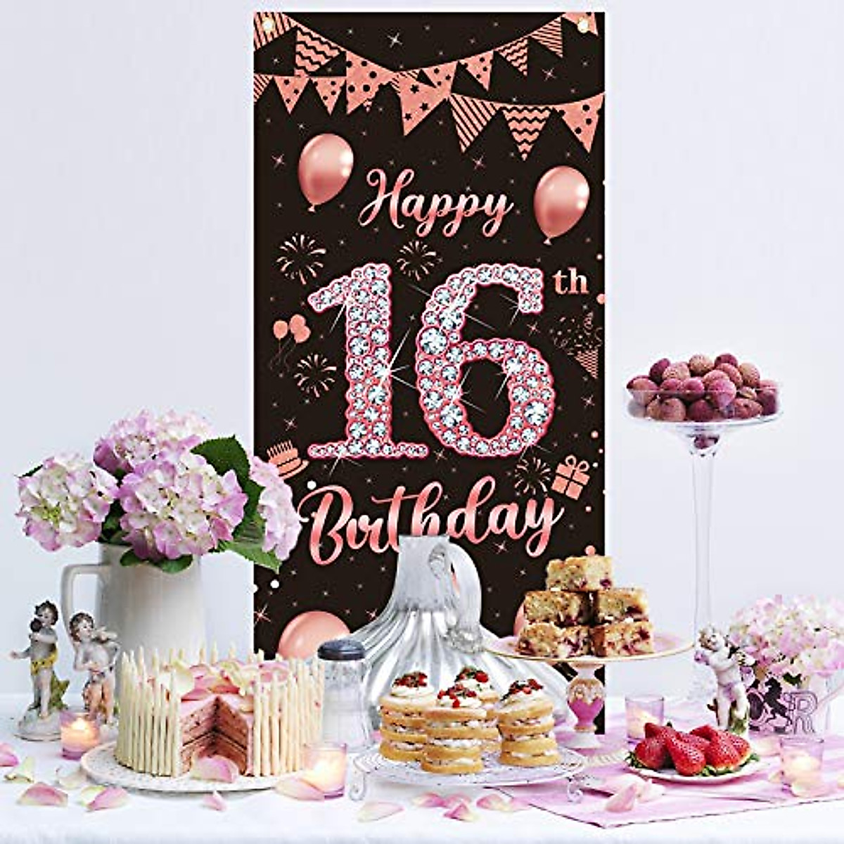 Lnlofen 16th Birthday Door Banner Decorations for Girls, Large 16 Year Old Birthday Party Door Cover Backdrop Supplies, Happy Sixteen Birthday Poster Sign(Rose Gold)