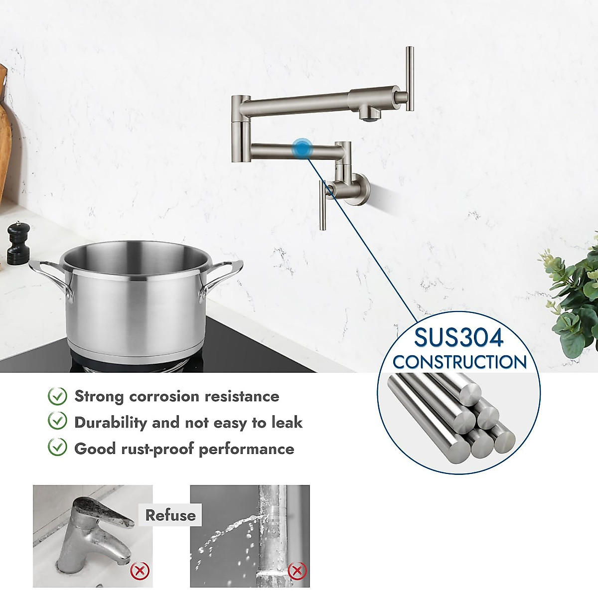 Cinwiny Pot Filler Wall Mount Kitchen Restaurant Sink Faucet Stainless Steel Stretchable Commercial with Brushed Nickel Free standing Bathtub Faucet Floor Mount Tub Filler Double Cross Knobs