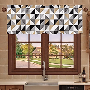 Kitchen Curtains, Simple Black and White Gold Triangle Pattern Valances for Windows, Bathroom Curtains Window 42x12in Short Curtains, Kitchen Window Curtains Over Sink, Rod Pocket Valance Curtains