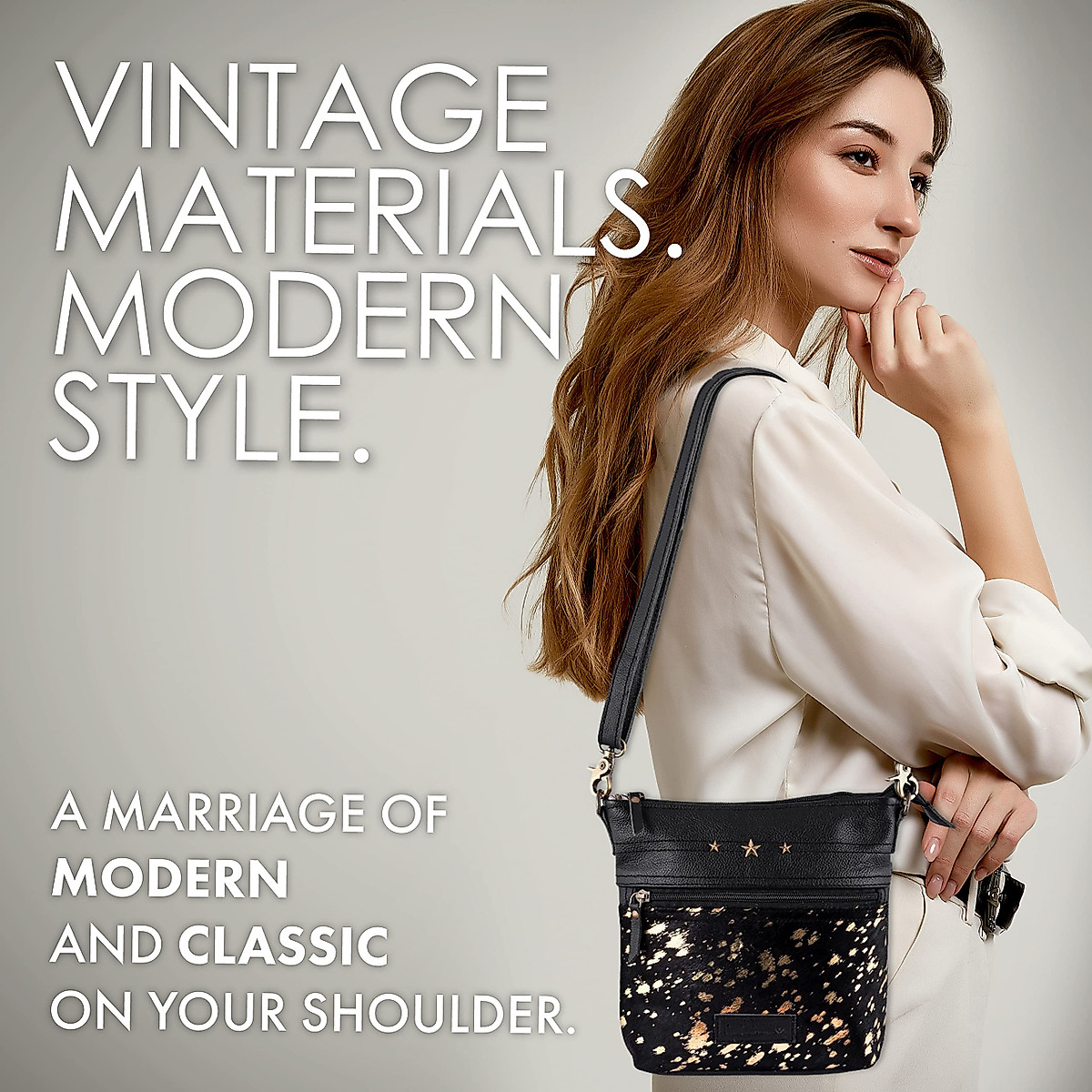 SIXTEASE Crossbody Bag for Women Vintage Style Genuine Leather, Upcycled Canvas, Rug, or Hair On - Cross Body Womens Bags with Inside Zipper Pockets - Black