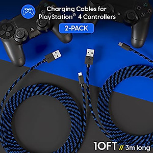 TALK WORKS Long Controller Charging Cable for Playstation 4-10-Foot Long Braided Micro USB Cord Charger Cord for PS4 Controller - Blue-Black, 2 Pack