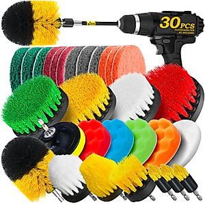 Holikme 30 Piece Drill Brush Attachments Set,Scrub Pads & Sponge, Power Scrubber Brush with Extend Long Attachment All Purpose Clean for Grout, Tiles, Sinks, Bathtub, Bathroom, Kitchen