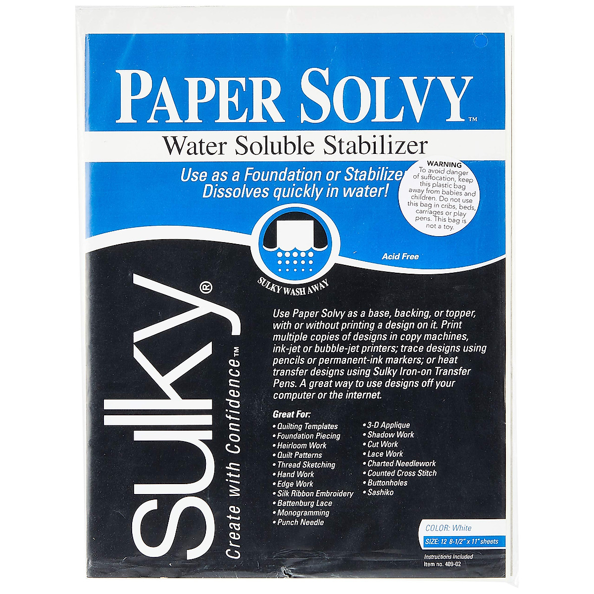 Sulky Paper Solvy Water Soluble Fabric stabilizer, 8, White