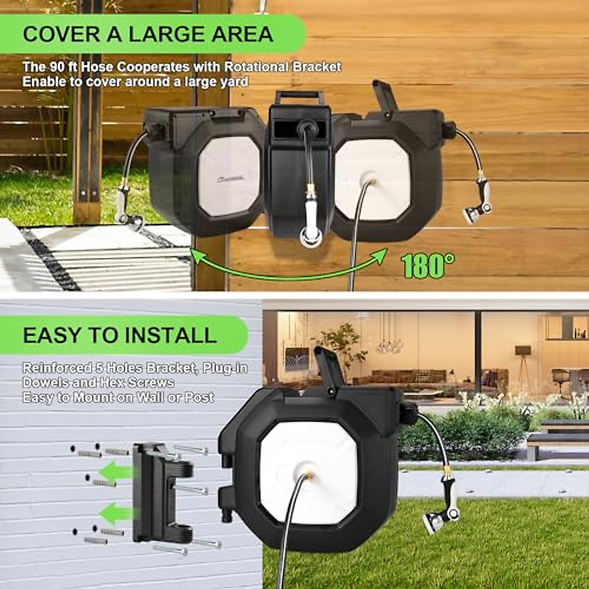 5/8" Heavy Duty Retractable Gaeden Hose Reel by HOZEREEL, Garden Hose Reels Outdoor Organizer- Self Propelling Wall Mount Hose Reel Outdoor Storage, Any Length Lock, 90 FT Hose