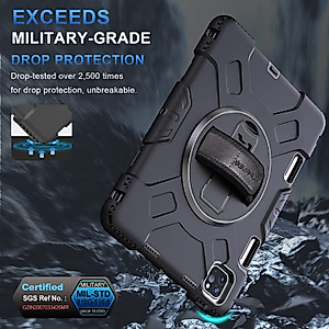 SUPFIVES 2022 iPad Pro 11 inch Case (4th Generation),Upgraded Military Grade Shockproof Silicone iPad Pro 11 4th/3rd/2nd Gen Cover Pencil Holder+ Handle+ Shoulder Strap+ Rotating Kickstand, Black