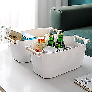 Storage Bins with Wood Handle, Sleek Design - White Matte Plastic Organizer Bucket Container for Pantry Shelf, Kitchen, Closet, Bathroom, Durable, Easy to Clean (WHITE, MEDIUM) (MEDIUM)