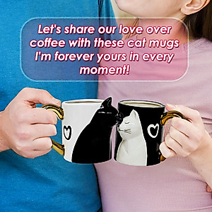 JVSupply Couple Gifts Cute Kissing Cat Mug Set Matching Couples Gold Ceramic Coffee Mug Set Couple Gifts for Wedding Anniversary Engagement Gifts for Cat Lovers 14oz.
