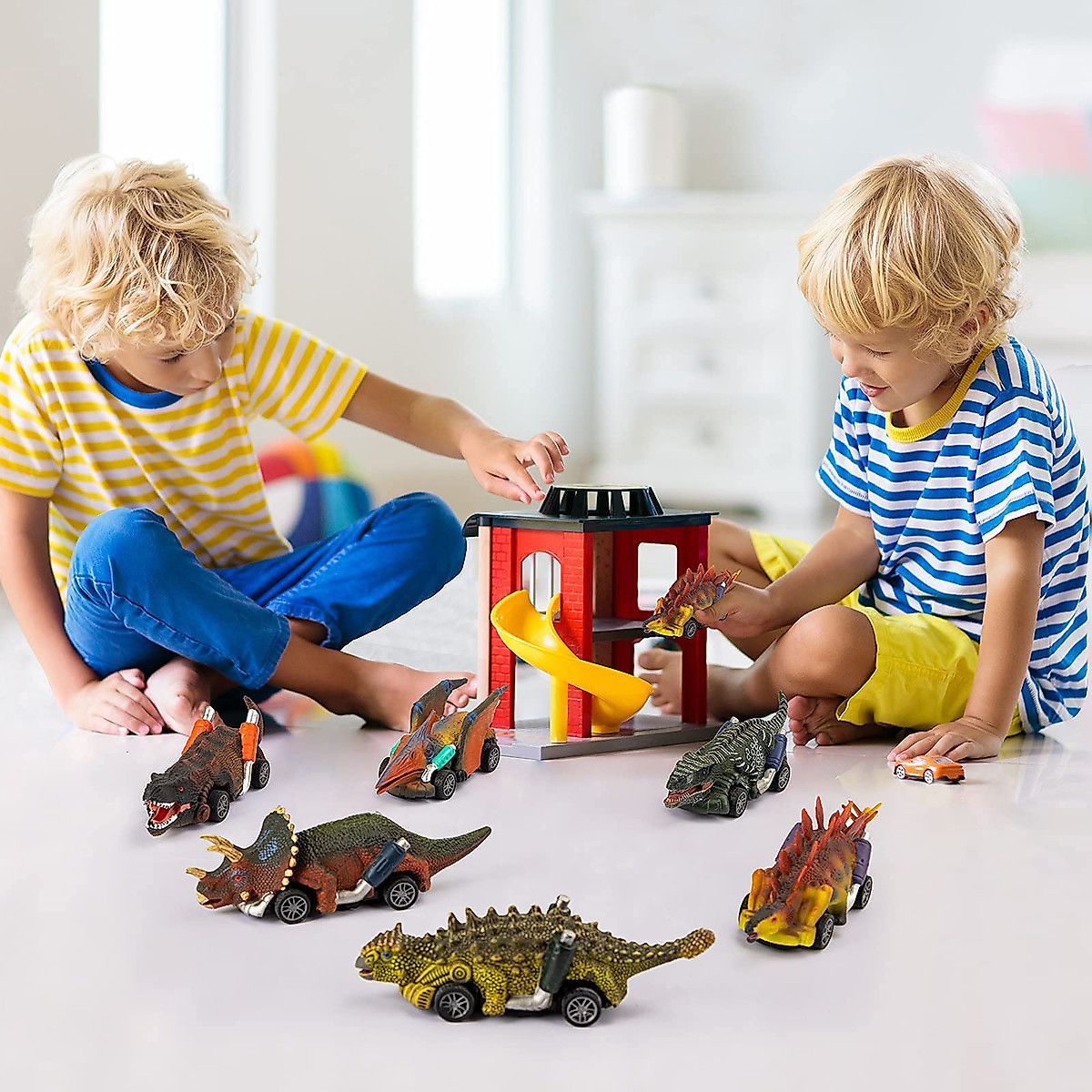 Kizmyee Dinosaur Toy Pull Back Cars, 6 Pack Dino Toys for 6 Year Old Boys and Toddlers, Boy Toys Age 6 and Up, Pull Back Toy Cars