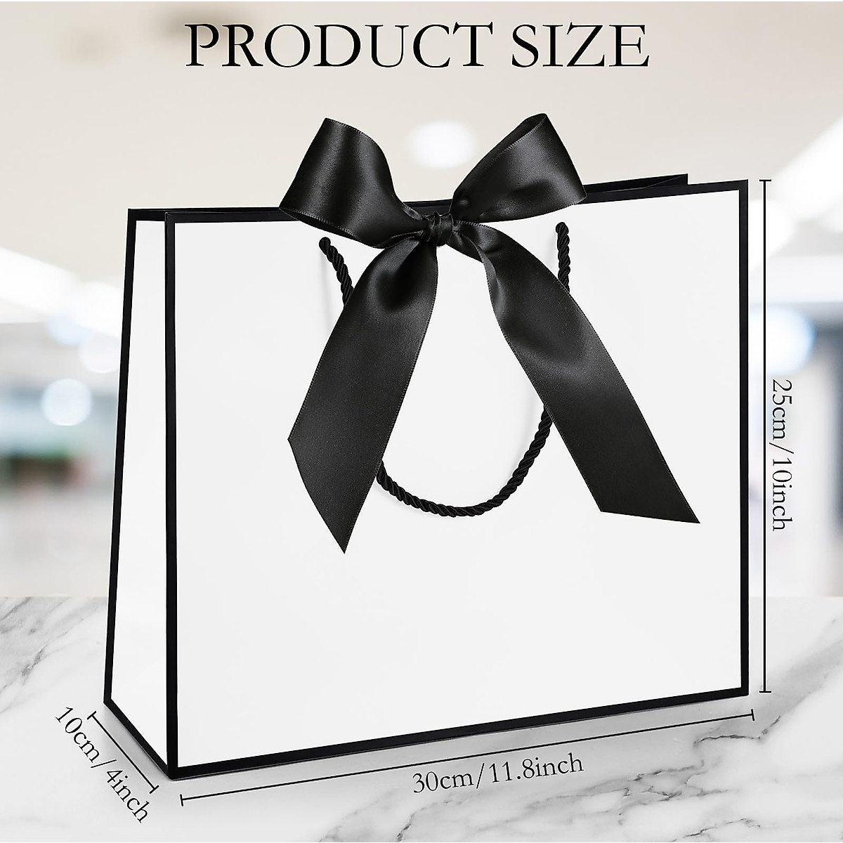 Silkfly 12 Pcs Thank You Gift Bags with Handles 11.8 x 10 x 4'' Paper Bag with Bow Ribbon Gift Wrap Bags for Wedding Bridesmaid Party Baby Shower Birthday Housewarming Gifts(White, Black)