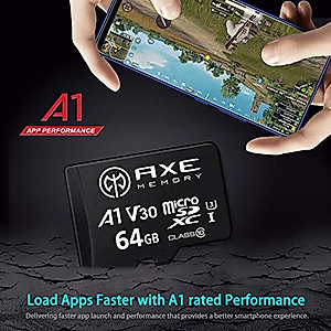 AXE MEMORY 64GB microSDXC Memory Card + SD Adapter with A1 App Performance, V30 UHS-I U3 4K