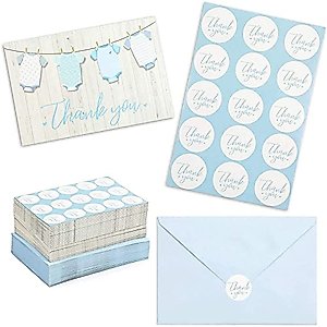 Pipilo Press 60 Pack Boy Baby Shower Thank You Cards with Blue Envelopes, Cute Stickers, Blank Inside (6 x 4 In)