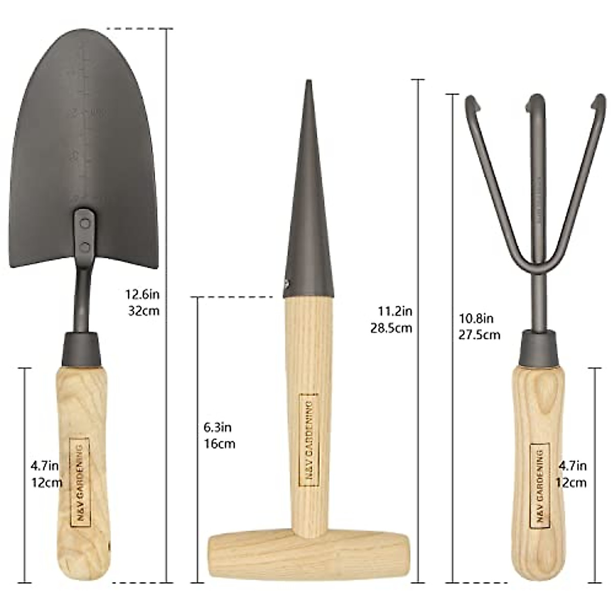 N&V Gardening Tools Set, 3 Pcs Garden Tools Set, Nickel Plated Stainless Steel Heavy Duty Gardening Tools Kit, Hand Trowel, Dibble and Hand Rake