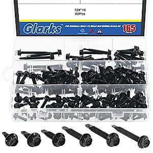 Glarks 165Pcs 410 Stainless Steel #12 Hex Washer Head Self Drilling Screws Assortment Kit 6 Size Black #12x5/8, #12x3/4, #12x1, #12x1-1/4, #12x1-1/2, #12x2 Sheet Metal Screws with Drill Point