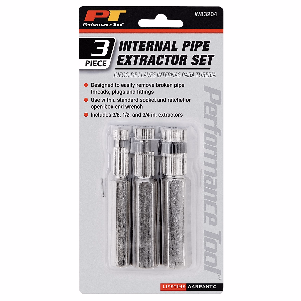 Performance Tool W83204 3 Piece Set, Hardened Steel Construction, Broken Pipe Extractor, Government-Compliant, 3/8-inch, ½-inch, and ¾-inch Pipe Capacities