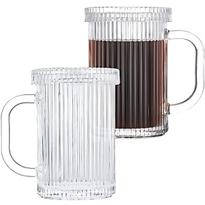 2 Pieces Clear Glass Coffee Mugs with Glass Lids Vintage Vertical Stripes Tea Mug Classic Ribbed Glasses with Handles Clear Coffee Cups for Espresso Latte Anniversary Xmas 14 oz (Clear)