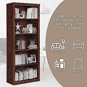 LYNSLIM Wooden Bookcase, 5-Shelf Free Standing Bookcase for Home Office Living Room Open Display Organizer Storage Bookshelf, Oak Finish Decor Furniture (Brown)