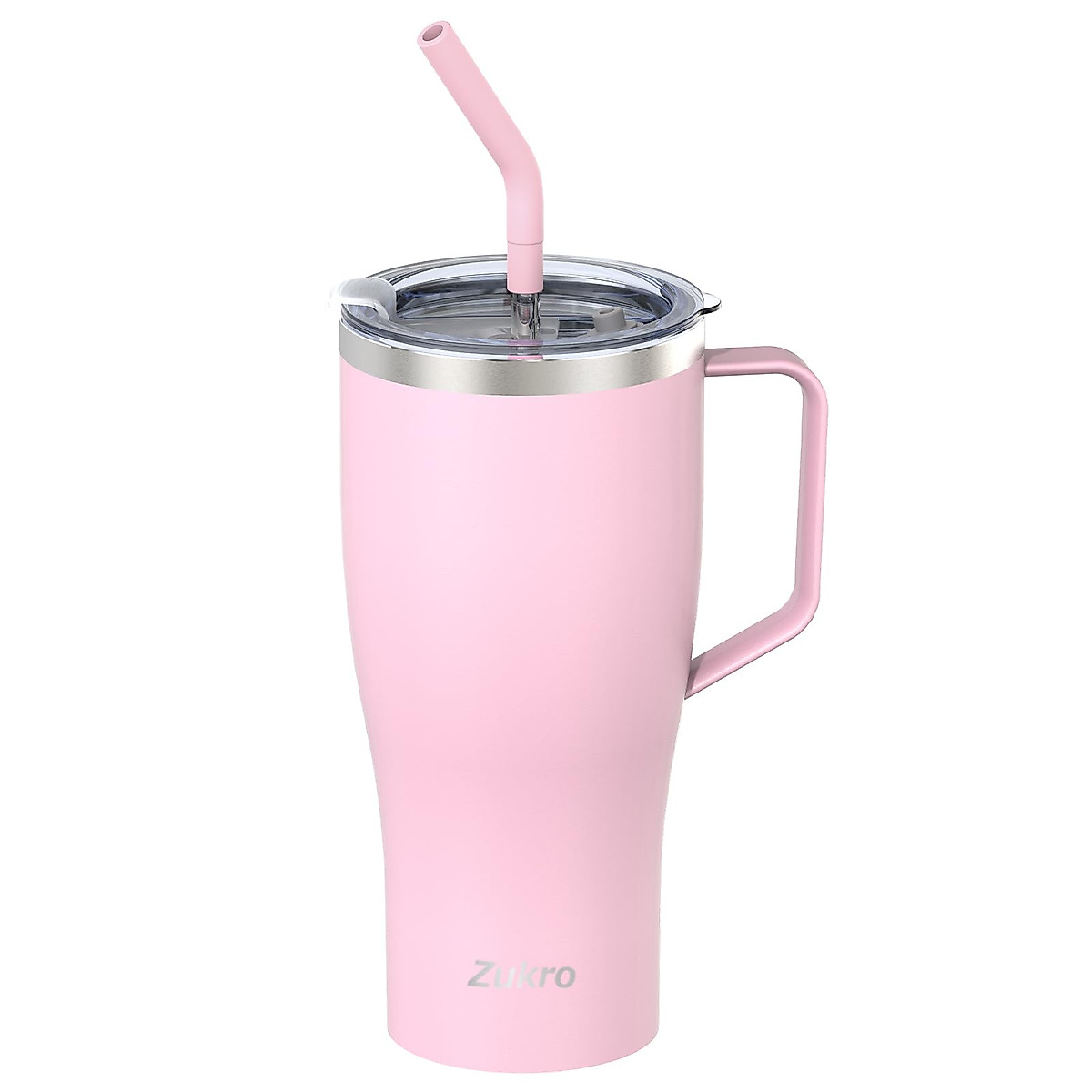 Zukro 32 oz Tumbler with Handle and Straw, No Sweat Double Wall Insulated Stainless Steel Cup with 2 Lids, Leakproof Travel Mug, Keep Drinks Cold 24 Hrs, Dishwasher Safe, Fit in Cup Holder, Pink