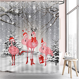 Christmas Flamingo Shower Curtain, Pink Flamingos Wear Santa Hat Funny Xmas Decor Shower Curtain for Bathroom, Winter Snowflake Waterproof Polyester Fabric Bath Curtain with Hooks, 72x72 inches