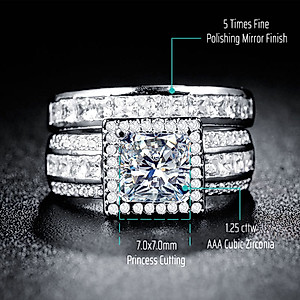 CEJUG 3Ct Wedding Rings for Women Princess Engagement Ring Set Bands 18k White Gold Plated Halo Cz Size 7