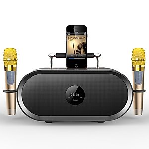 RHM K666 Karaoke Machine with Powerful & Clear Sound, 2 Wireless Microphones, Rechargeable Battery, 8 Hours Playtime, Support Bluetooth/AUX/USB/PC for Home, Party, Wedding, Picnic, Outdoors Activities