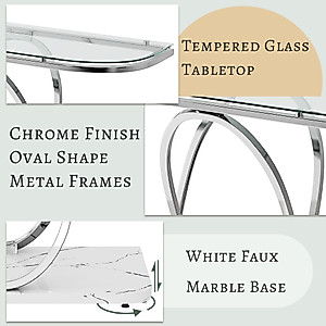 O&K FURNITURE Glass Console Tables for Entryway,Silver Entryway Table with Oval Frames and Marble Base,Chrome Entrance Table Glass Sofa Table for Living Room,Hallway,Silver Glass&White Faux Marble