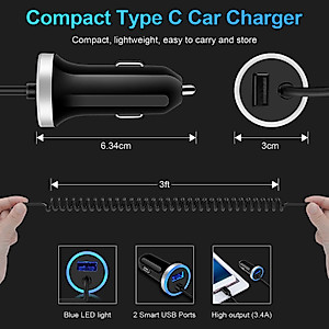 Android Car Charger Type C Cigarette Lighter Adapter with USB C Coiled Fast Charging Cable for Samsung Galaxy A15/A14 5G/A54/A53 5G/A23/A13/A03S/Z Flip 5 4/Z Fold 5 4/A12/A32/A51/S24/S23/S22/S21/S20
