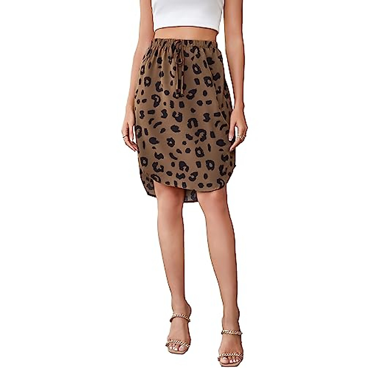 SOLY HUX Women's Leopard Print Tie Front High Waist High Low Short Skirt Multicoloured L