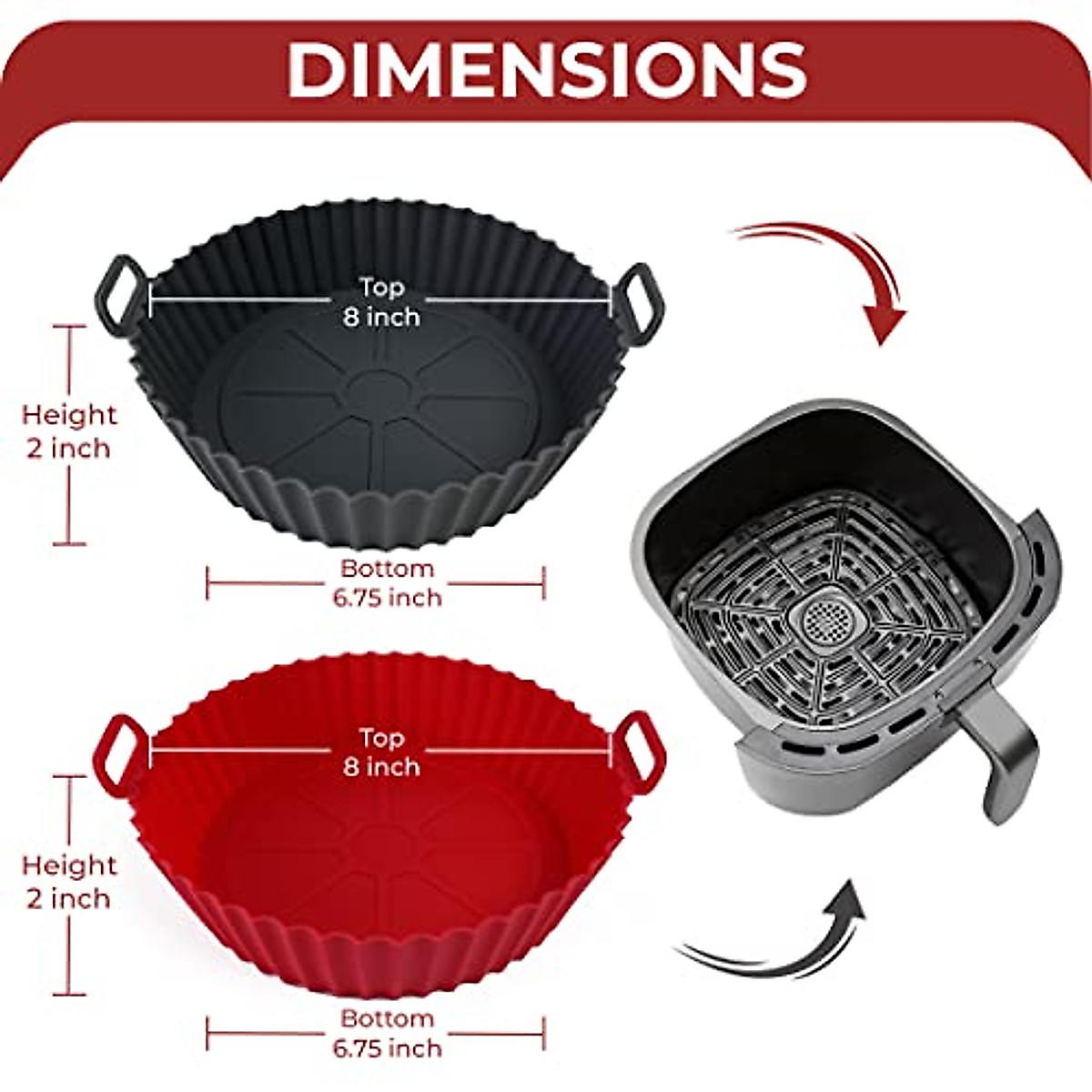 Air Fryer Silicone Liners Set of 2 Air Fryer Liners Pot Reusable Silicone Liners for Cooking, Baking, Oven Safe Replacement of Flammable Parchment Liner paper Grey+Red (Top 8 in, Bottom 6.8in)