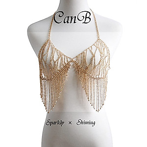 CanB Rhinestone Sexy Bra Chains Shiny Crystal Tassel Underwear Necklace Chains Summer Beach Bikini Nightclub Chain Body Accessories Jewelry for Women and Girls (Style-1)