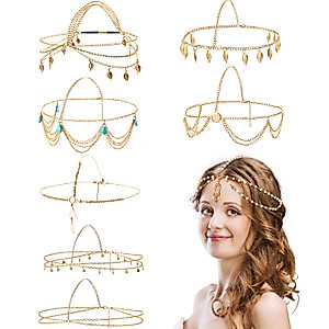 WILLBOND 8 Pieces Gold Head Chain Jewelry Halloween Boho Headband Coins Pearl Tassel Chain Hair Band Festival Prom Wedding Headpiece for Women(Cute Style)