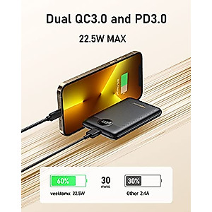 VEEKTOMX Mini Power Bank 10000mAh, Small Portable Charger with PD 3.0 & QC 3.0, 22.5W USB C Fast Charge Ultra-Compact Battery Pack, Dual Output Competible with iPhone, Sumsang, iPad