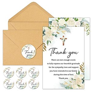 BYBOUS 50 Pack Funeral Thank You Cards with Envelopes, 4×6 In Watercolor Flowers Sympathy Thank You Cross Bereavement Card for Funeral Memorial Family Friends Loved Ones Celebration of Life