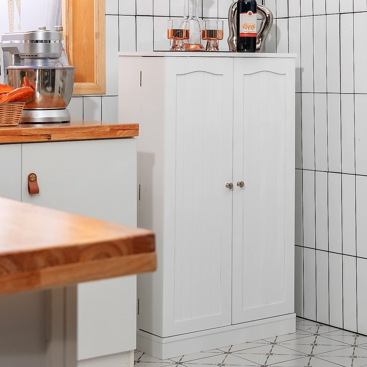 LOKO White Pantry Cabinet, Multifunctional Floor Storage Cabinet with Adjustable Shelves and Anti-toppling Device, Compact Kitchen Cupboard with Double Doors, 23 x 12 x 41 inches