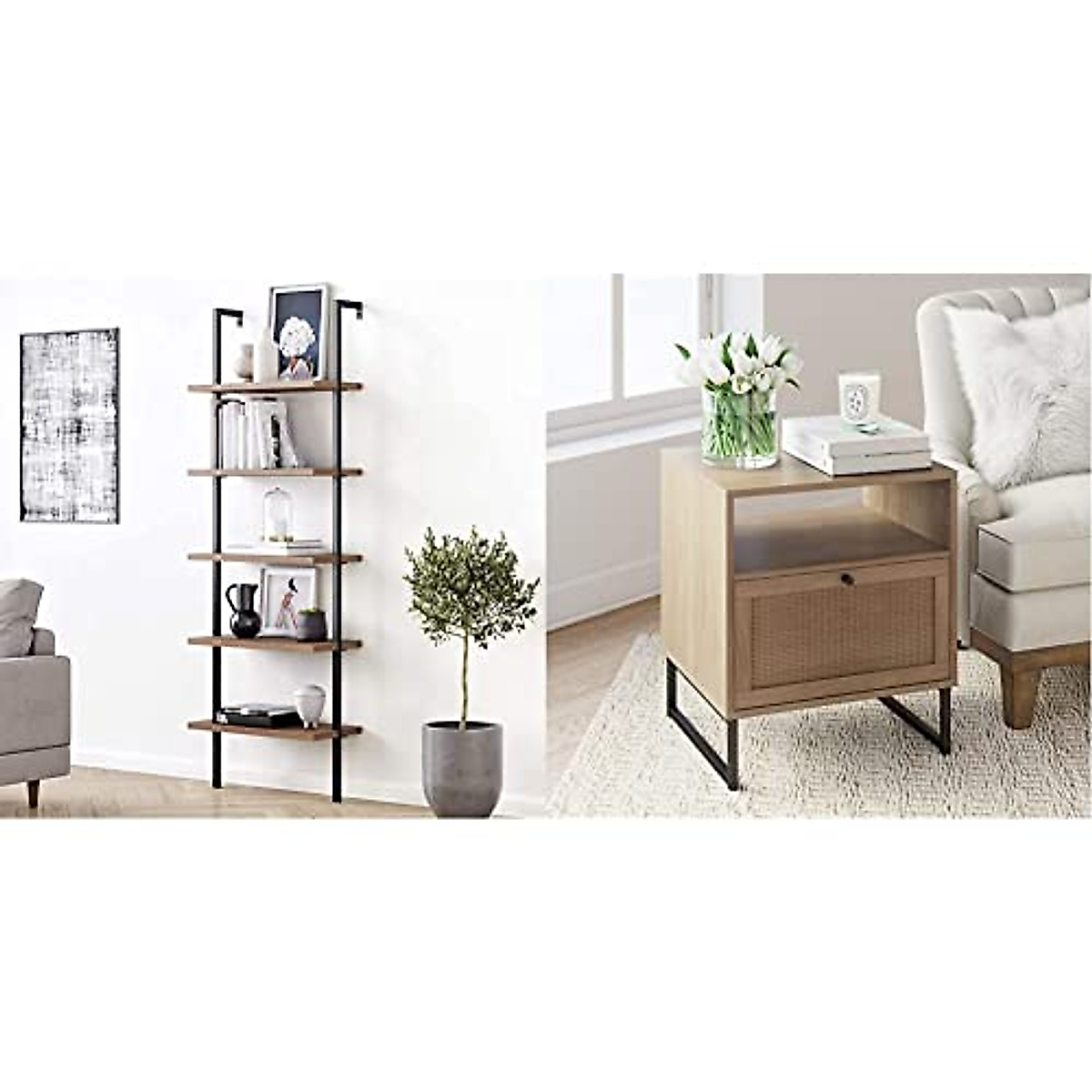 Nathan James Theo 5-Shelf Oak Wood Modern Bookcase, Open Wall Mount Ladder Bookshelf & Matte Black Accents with Storage for Living Room or Nightstand for Bedroom, Oak/Black