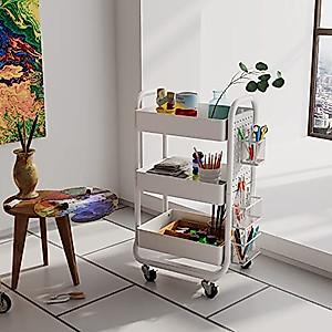 DESIGNA 3-Tier Rolling Cart, Utility Cart with Handle, Extra 3 Storage Accessories, Removable Pegboard, Easy Assembly Craft Carts for Kitchen, Bathroom, Office, Metal, White