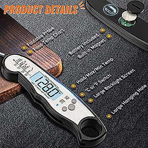 Digital Meat Thermometer, Waterproof Instant Read Food Thermometer for Cooking and Grilling, Kitchen Gadgets, Accessories with Backlight & Calibration for Candy, BBQ Grill, Liquids, Beef, Turkey