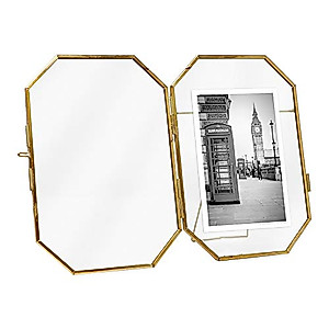 Isaac Jacobs 4x6 Vintage Style Octagon Brass & Glass, Metal Floating Picture Frame with Locket Closure (Vertical), Made for Tabletop Display, (Fits up to a cutout 4” x 6” - See images for other sizes)