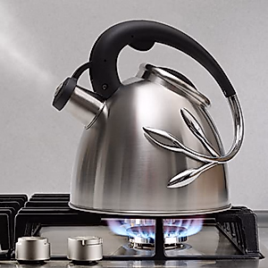 Everyday Solutions Whistling Tea Kettle; Vine Collection - Brushed Stainless Steel Kettle w/Ergonomic Heat Resistant Handle & Leaf Design - for Gas, Electric, or Convection Cooktop - 2 Quart Capacity