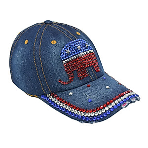 Popfizzy Bling Republican Hat for Women, Rhinestone Republican Elephant Baseball Caps, RWB USA Distressed Denim Hat, Republican Gifts for Women