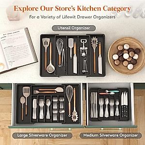 Lifewit Silverware Drawer Organizer, Expandable BPA Free Utensil Tray for Kitchen, Adjustable Flatware and Cutlery Holder for Spoons Forks Knives, Plastic Kitchen Organizers and Storage, Black