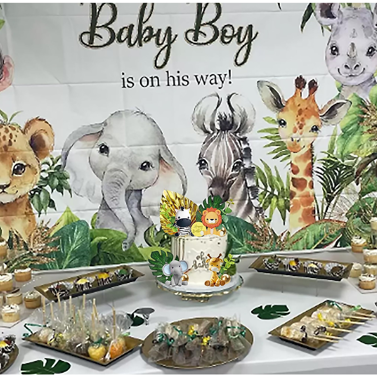 Jungle Safari Animal Cake Topper with Lion Giraffe Monkey Elephant Zebra for Wild Animals Themed Birthday Baby Shower Party Supplies (STYLE 1)